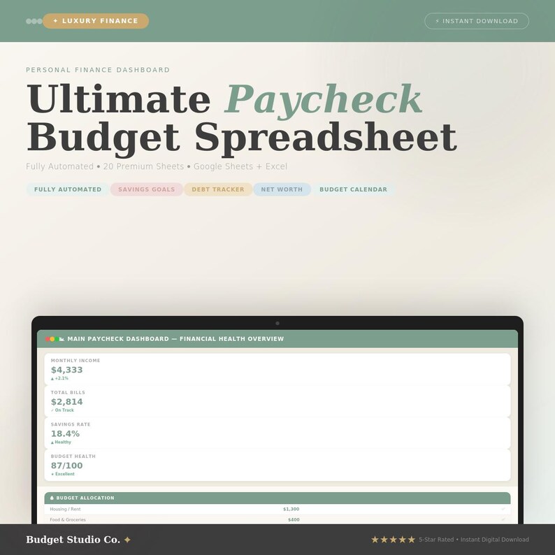 Ultimate Paycheck Budget Spreadsheet | Monthly Planner, Expense Tracker ...