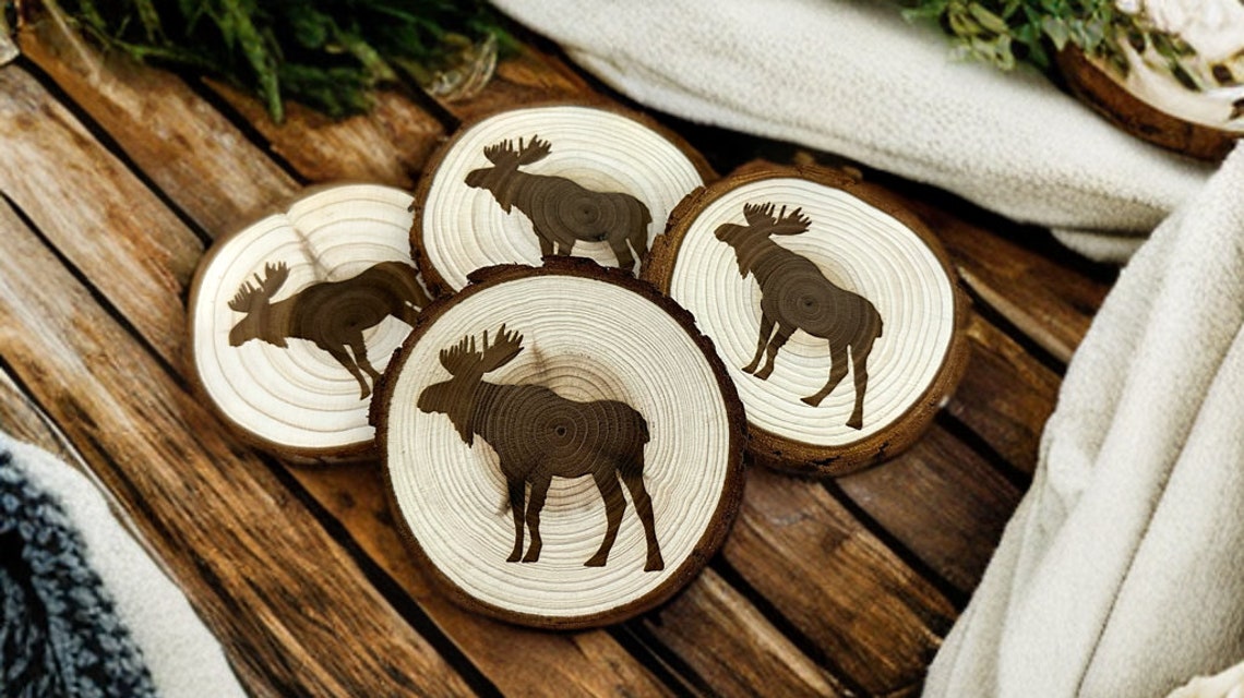 Moose Wood Coaster Set - Gifts for Valentines, Birthday, Wedding ...