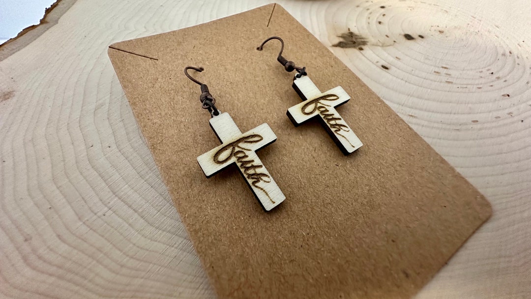 Wooden Cross Earrings W/ Faith Engraved Religious Earrings Christian ...