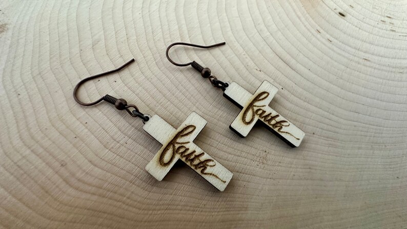 Wooden Cross Earrings W/ Faith Engraved - Religious Earrings ...