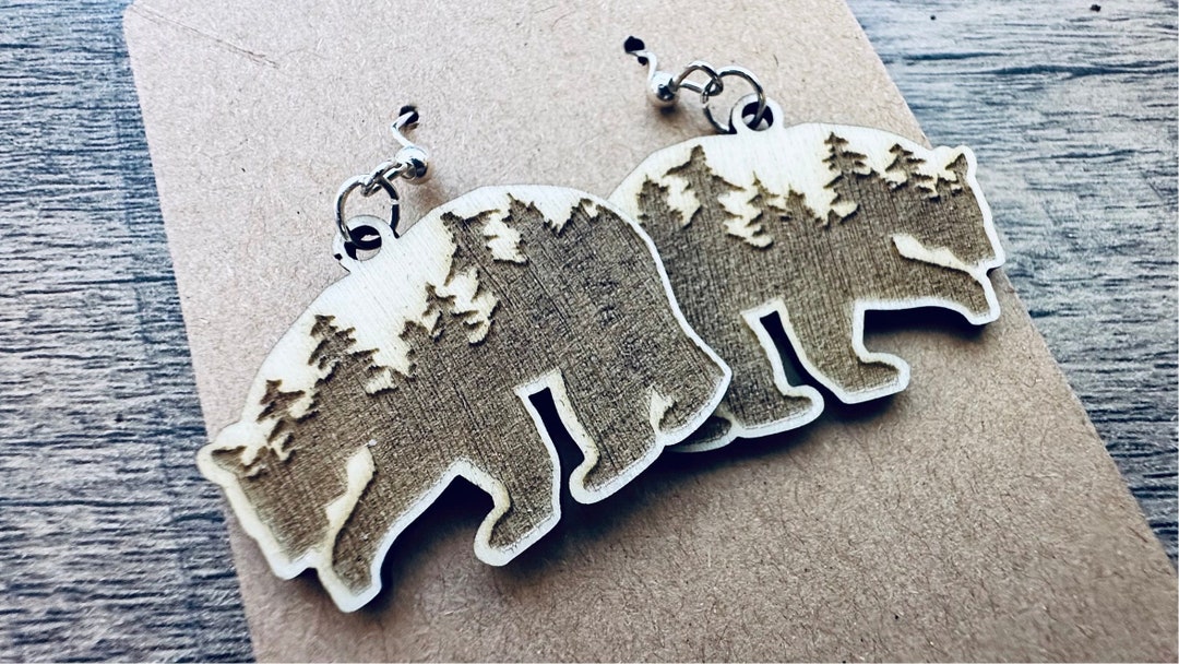 Black Bear Earrings - Laser Engraved Bear Earrings - Handmade Earrings ...