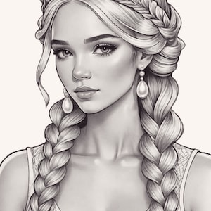 REGAL TWISTS Beautiful Women Hair Braids Coloring Page for Adults Instant Download Grayscale ...