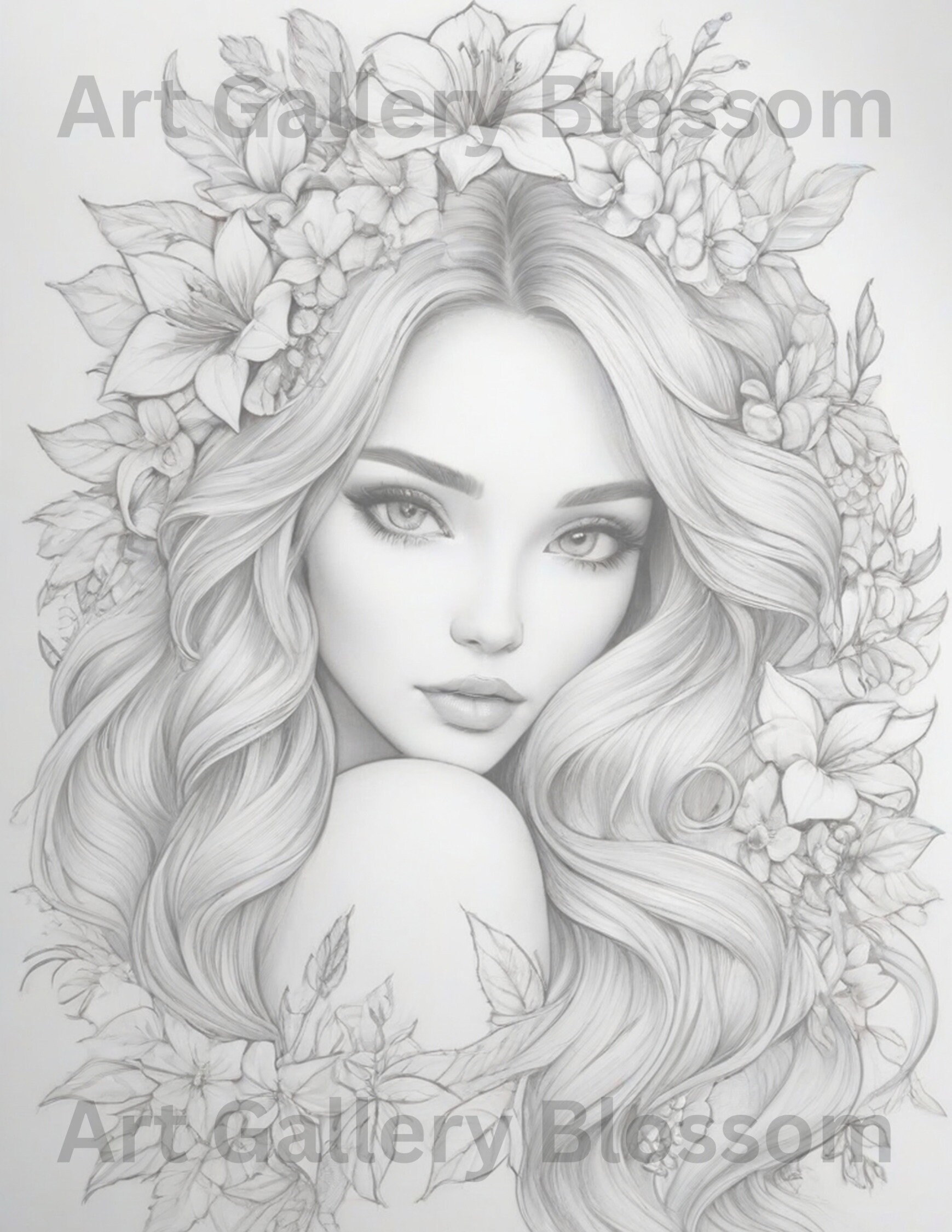 Flaura Beautiful Women Hair Flower Coloring Page Download Adult Instant Download Grayscale