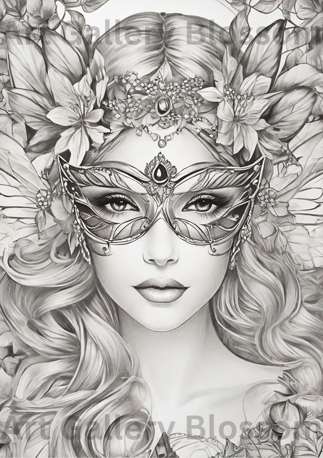 BEHIND THE MASK- Women Hair Flower Coloring Page Download Adult Instant ...