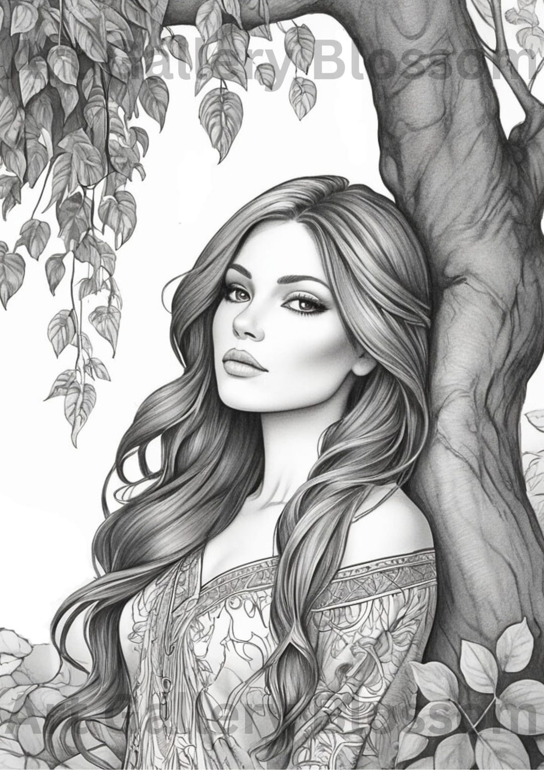 Silent Musing in Nature | Beautiful Women Hair Coloring Page for Adult ...
