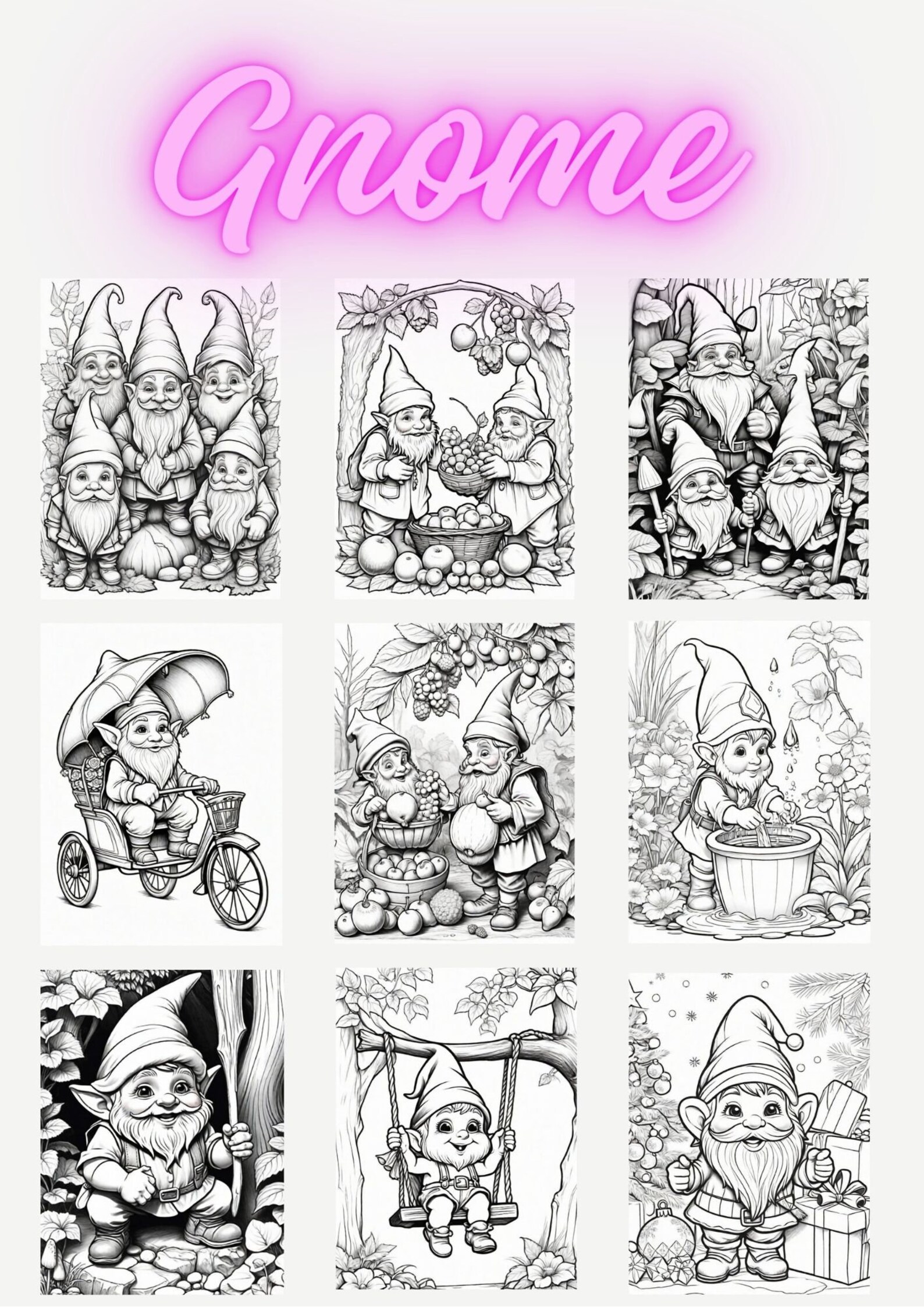 25 Gnome Coloring Book Page Gnome Printable Book Page Grayscale ...