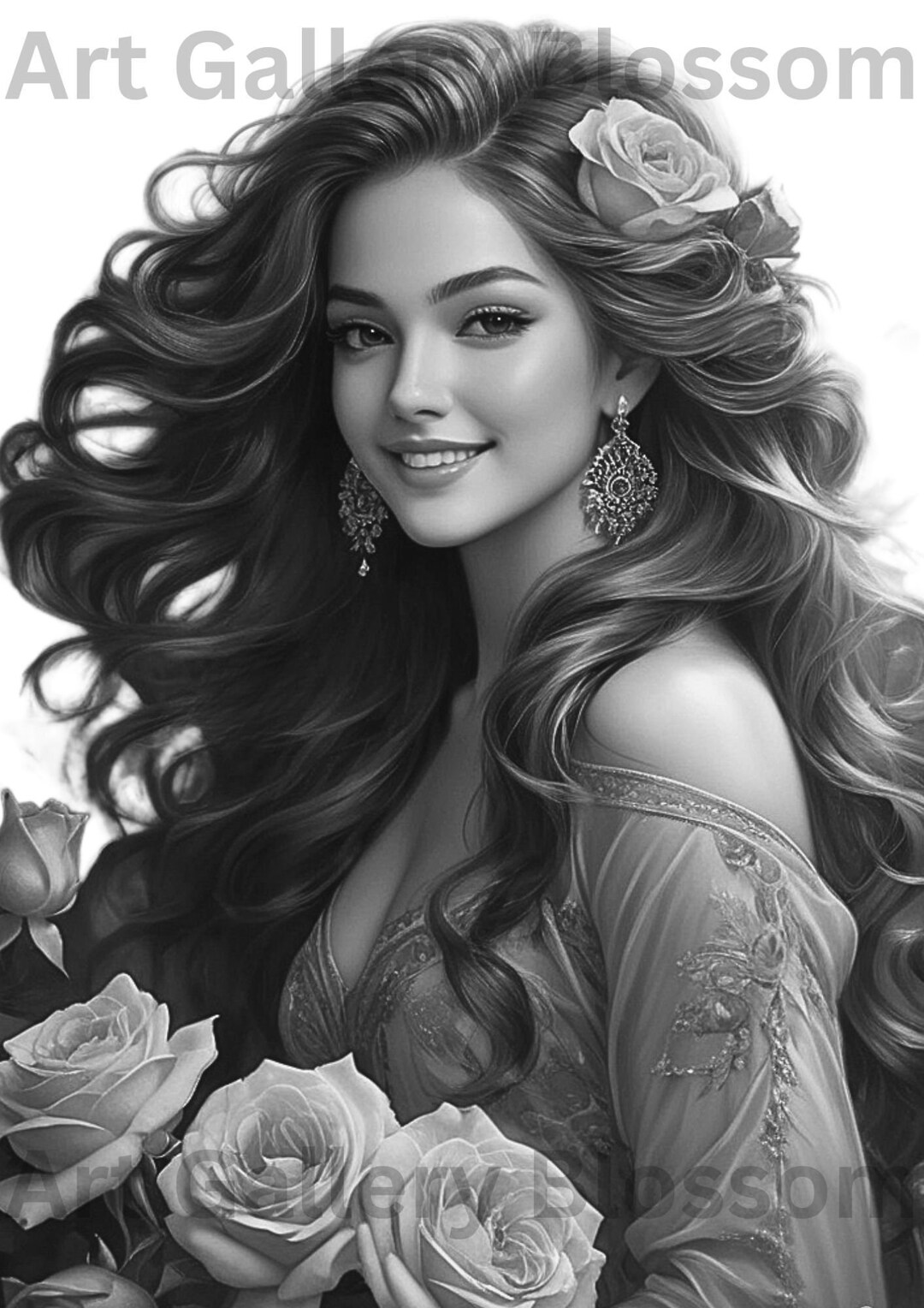 ROSE- Beautiful Women Coloring Page Adults & Kids Instant Coloring ...