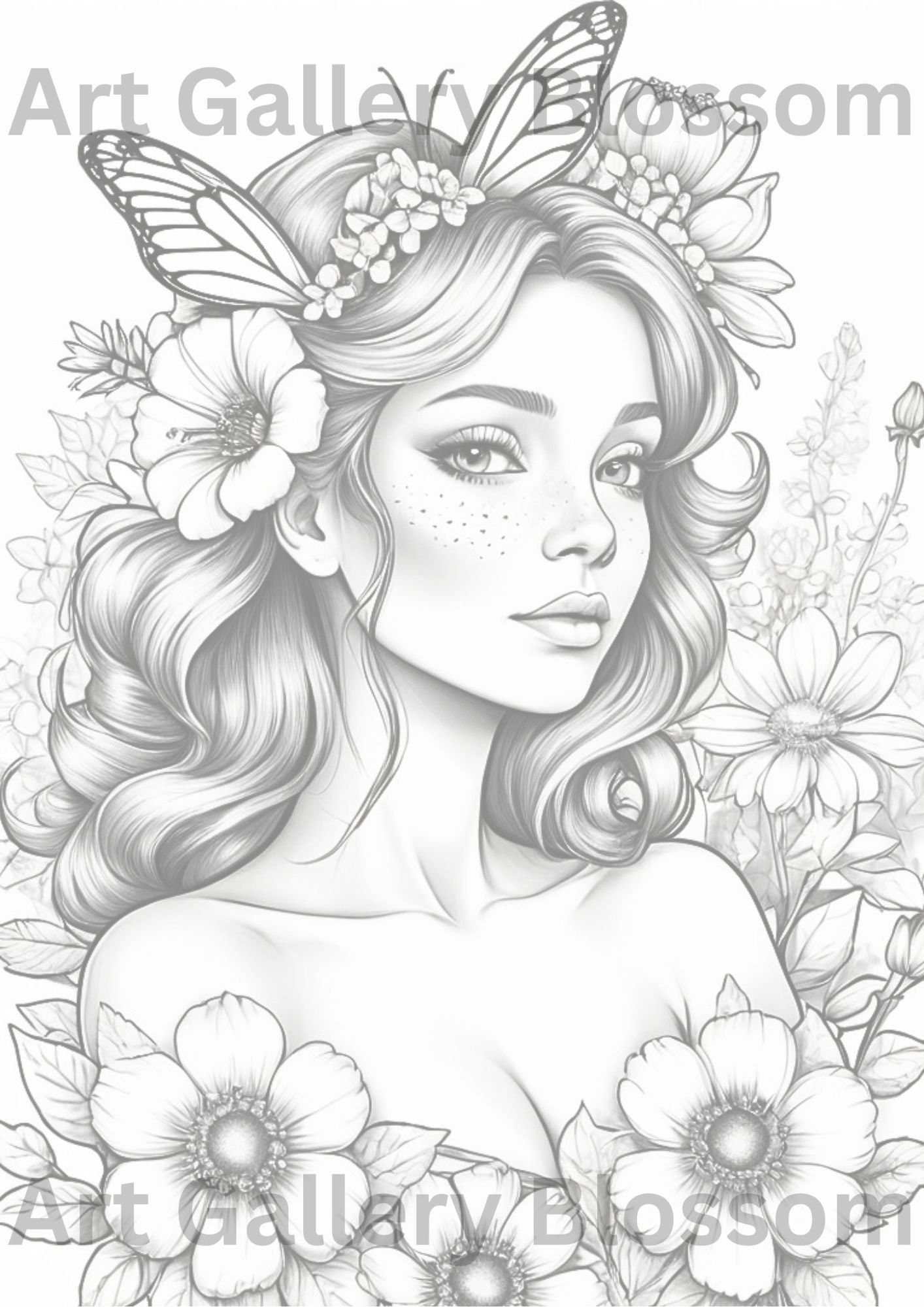 Enchanted Garden Beautiful Women Hair Flowers Coloring Page for Adult ...