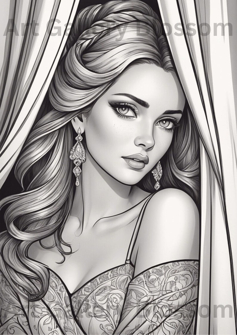 BEHIND THE DRAPES Beautiful Women Hair Coloring Page for Adult Instant ...