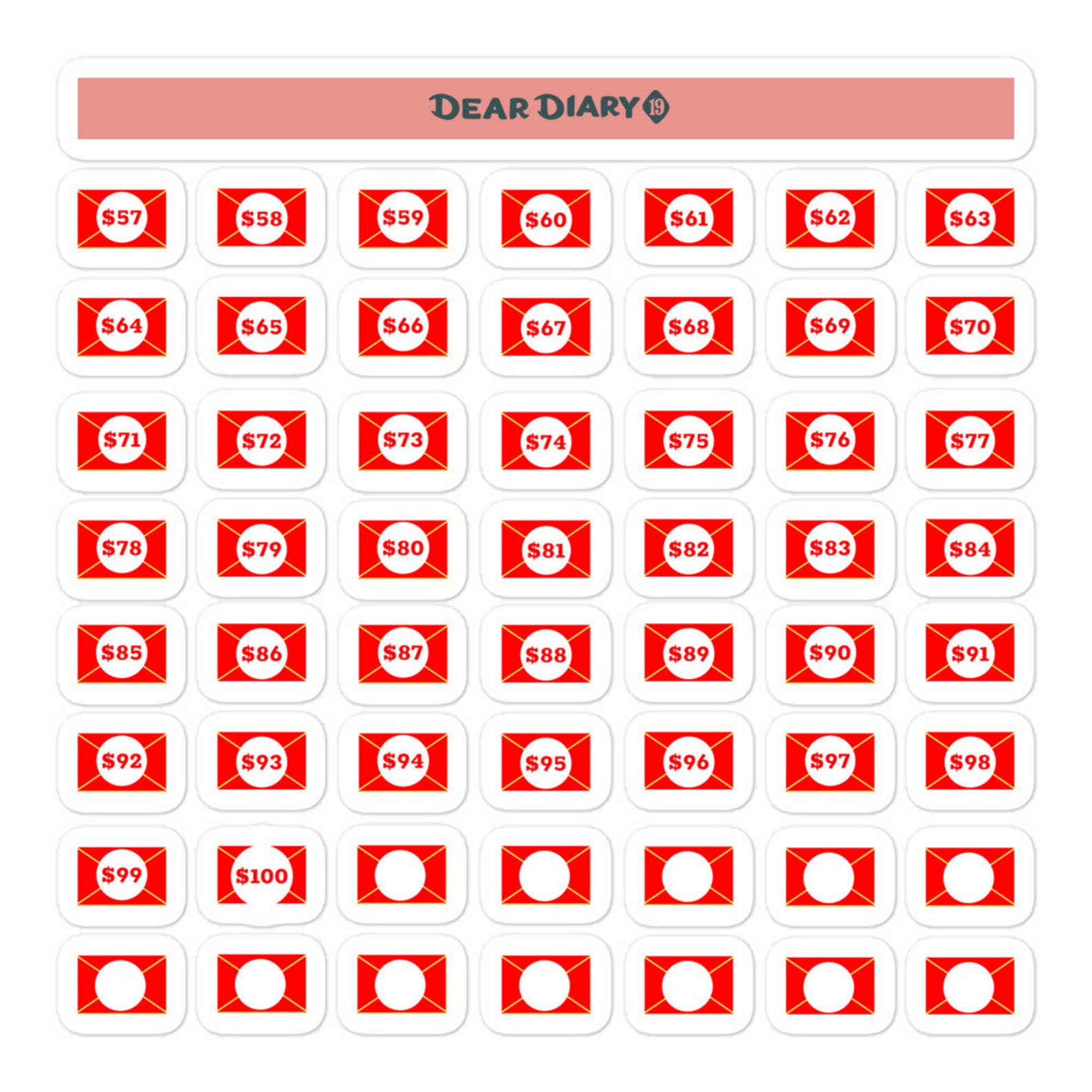 100 Envelopes Savings Challenge Stickers Sheet Goal Tracker Calendar ...