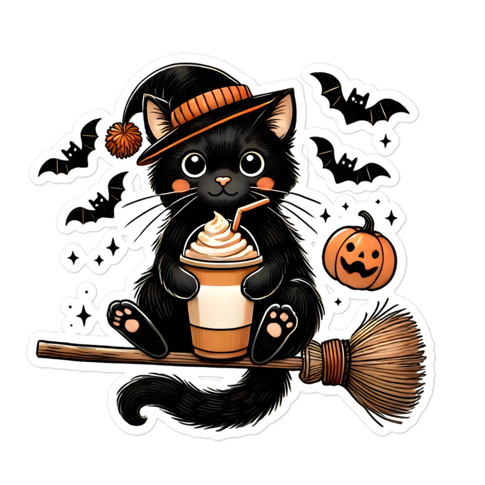 Black Cat Stickers Cute Halloween Pumpkin Latte Fall Autumn Aesthetic ...