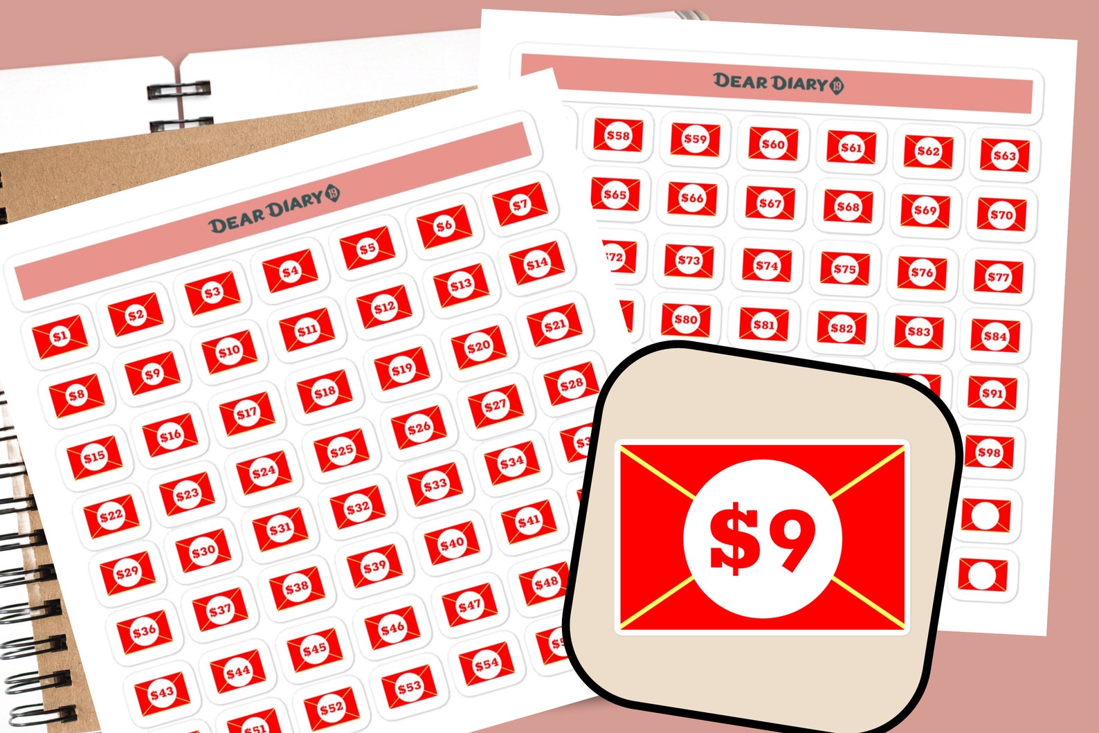 100 Envelopes Savings Challenge Stickers Sheet Goal Tracker Calendar ...