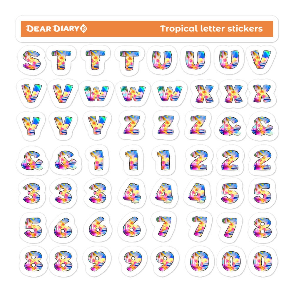 Tropical Alphabet Letter Numbers Stickers Sheet Pack for Scrapbooking ...