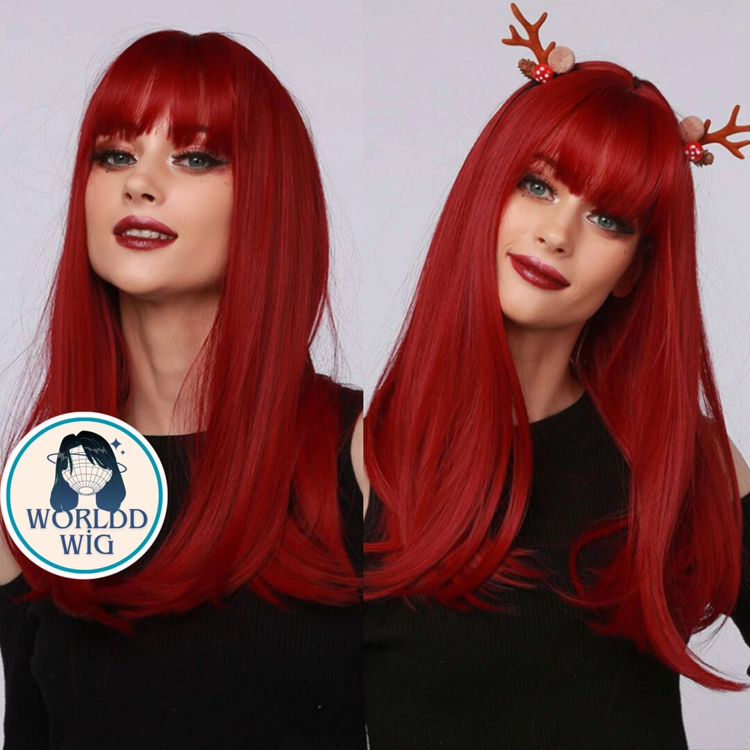 Red Long Straight Wig, Wig With Bangs, Beautiful Natural Looking Wig ...