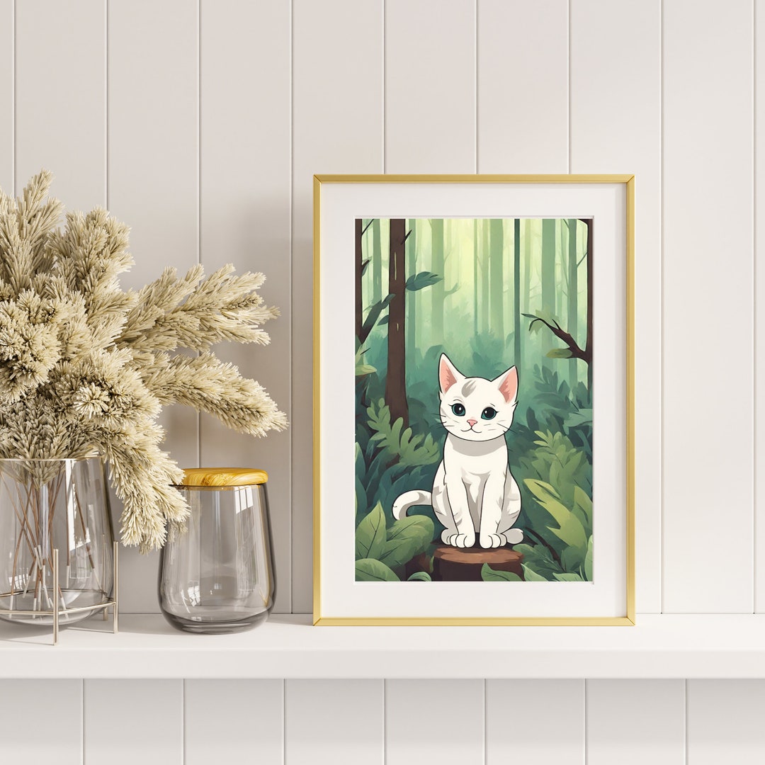Enchanted Ivory Explorer: Cute Anime Cat Digital Print Artwork Wall ...