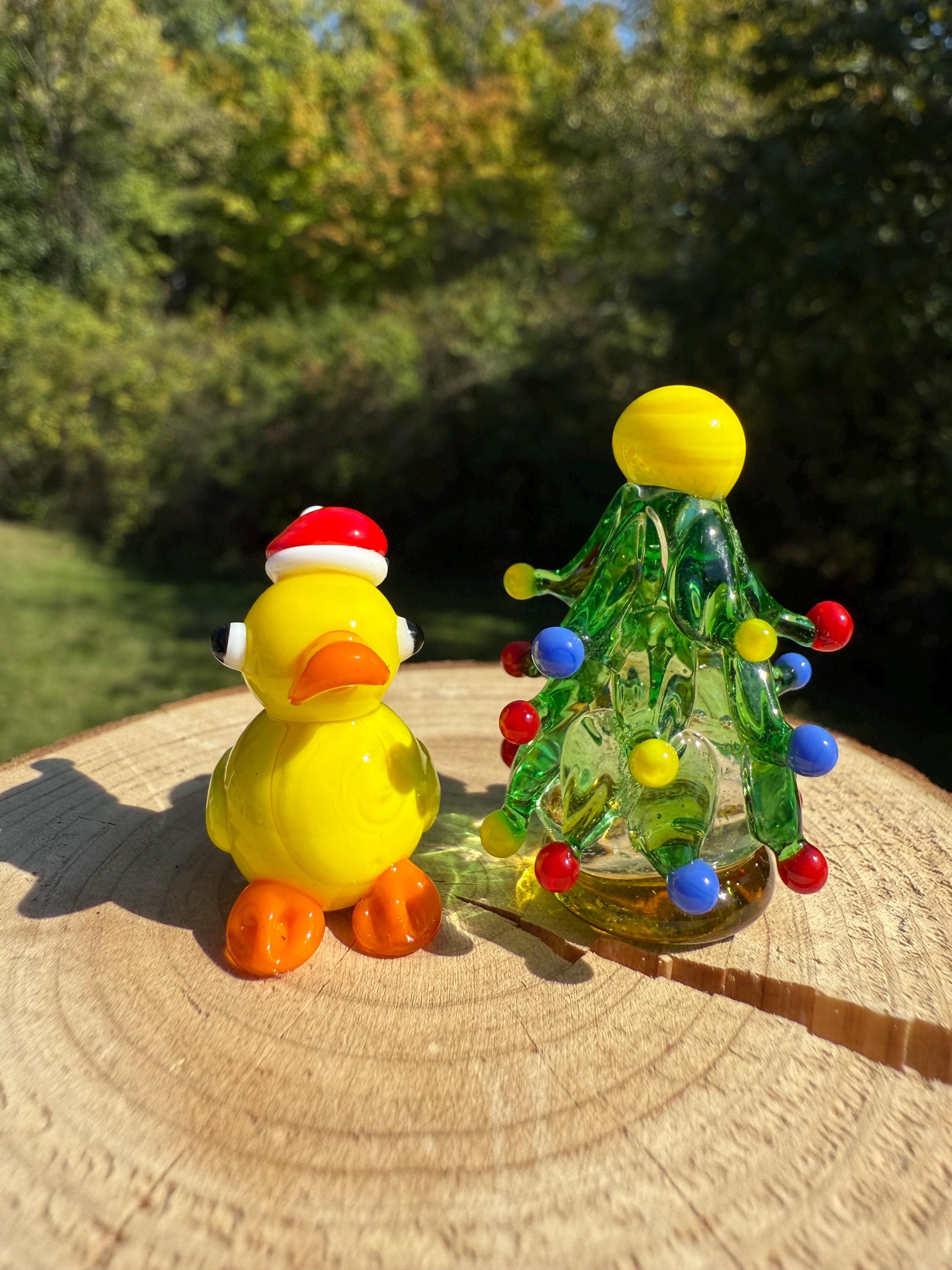 Glass Yellow Duck With Christmas Tree Set, Glass Miniature Christmas ...