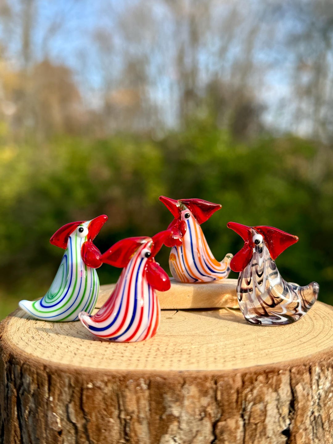 Handmade Glass Chicken Figurines: Miniature Rooster Decor, 4pc Set - Etsy