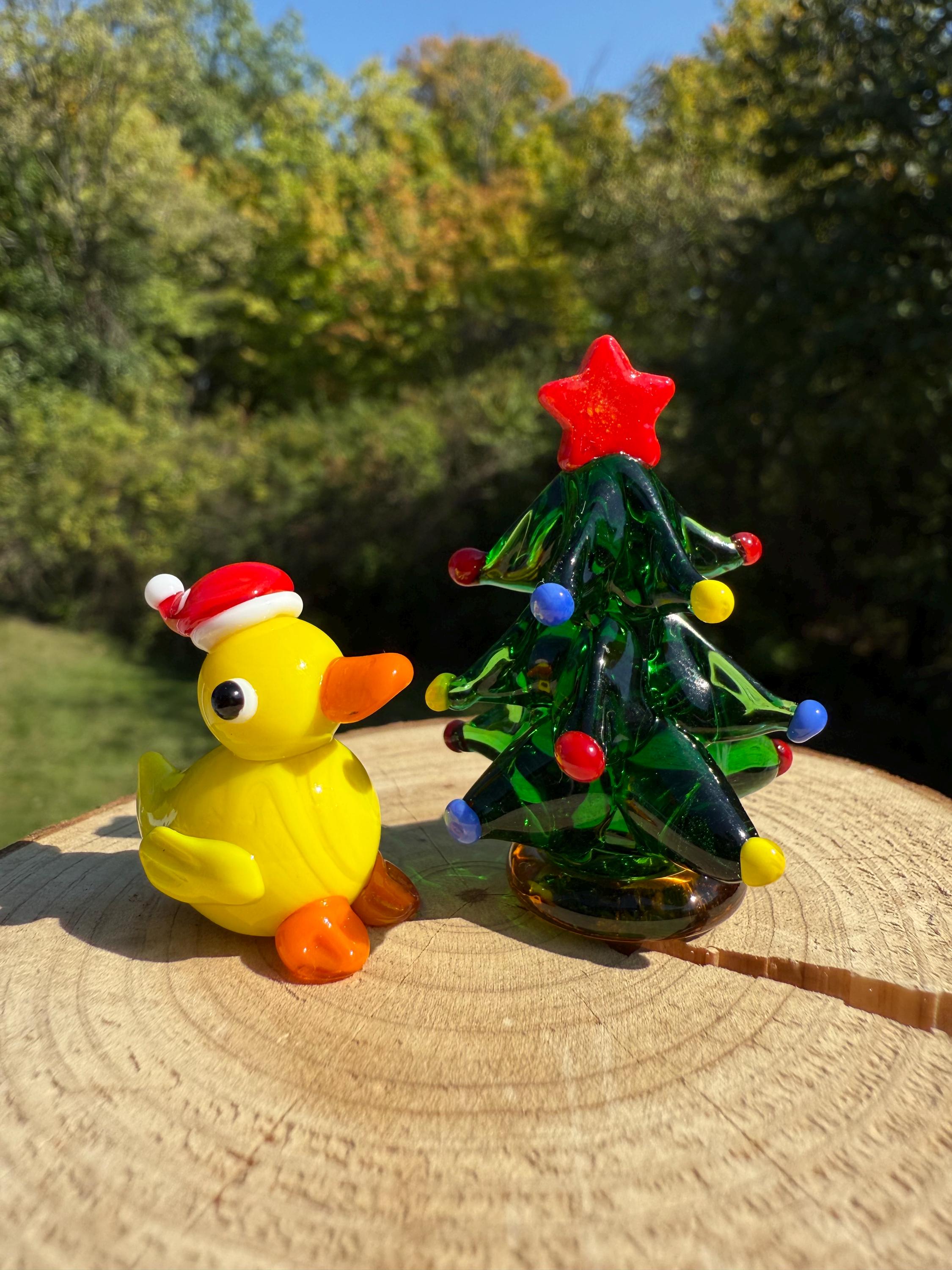 Glass Yellow Duck With Christmas Tree Set, Glass Miniature Christmas ...