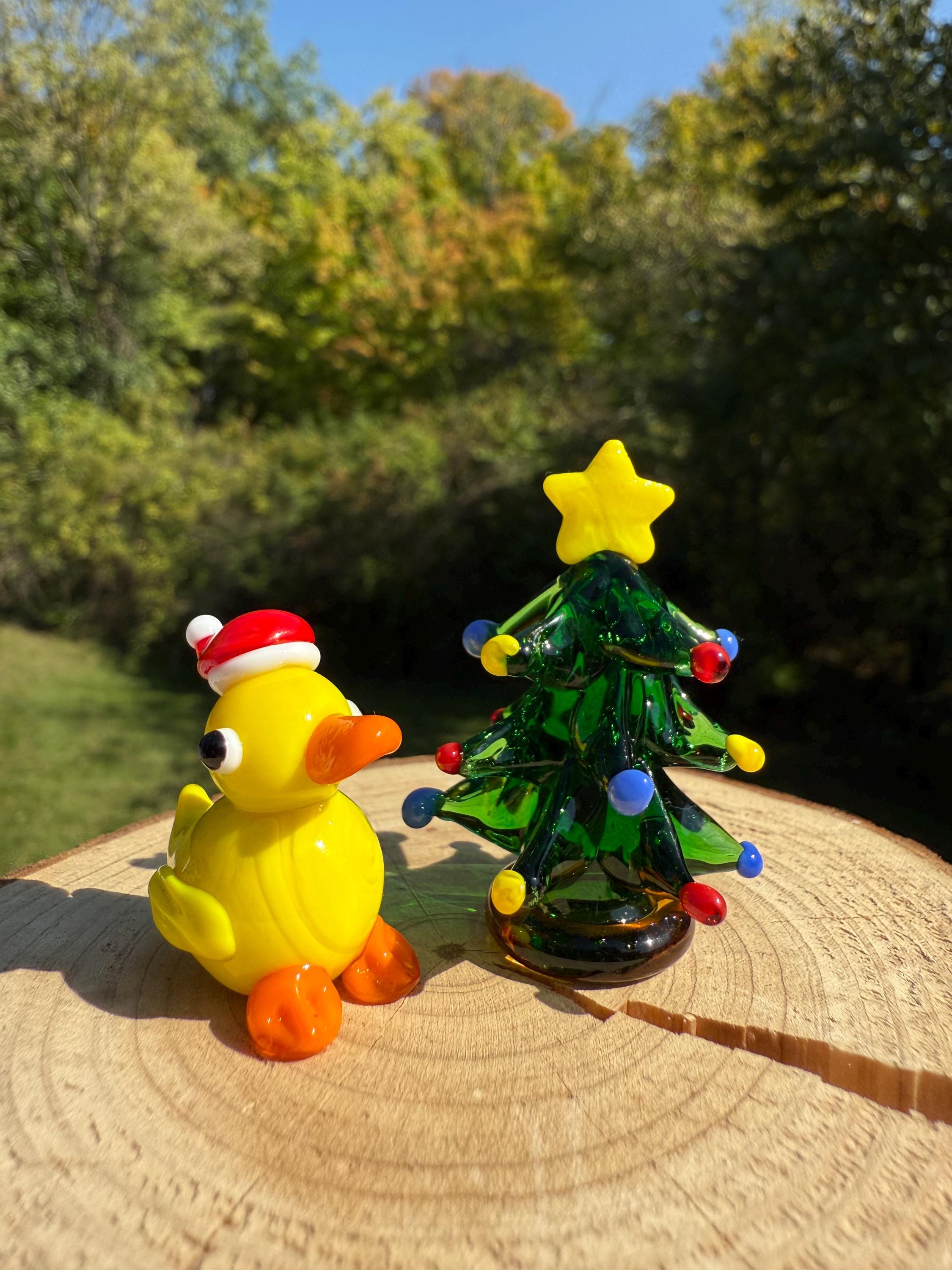 Glass Yellow Duck With Christmas Tree Set, Glass Miniature Christmas ...