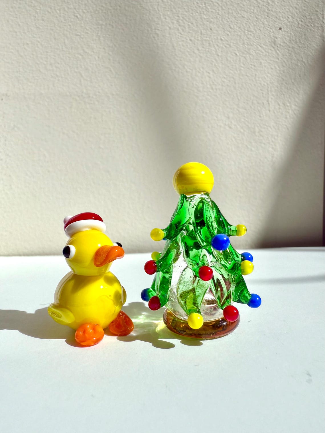 Glass Yellow Duck With Christmas Tree Set, Glass Miniature Christmas ...