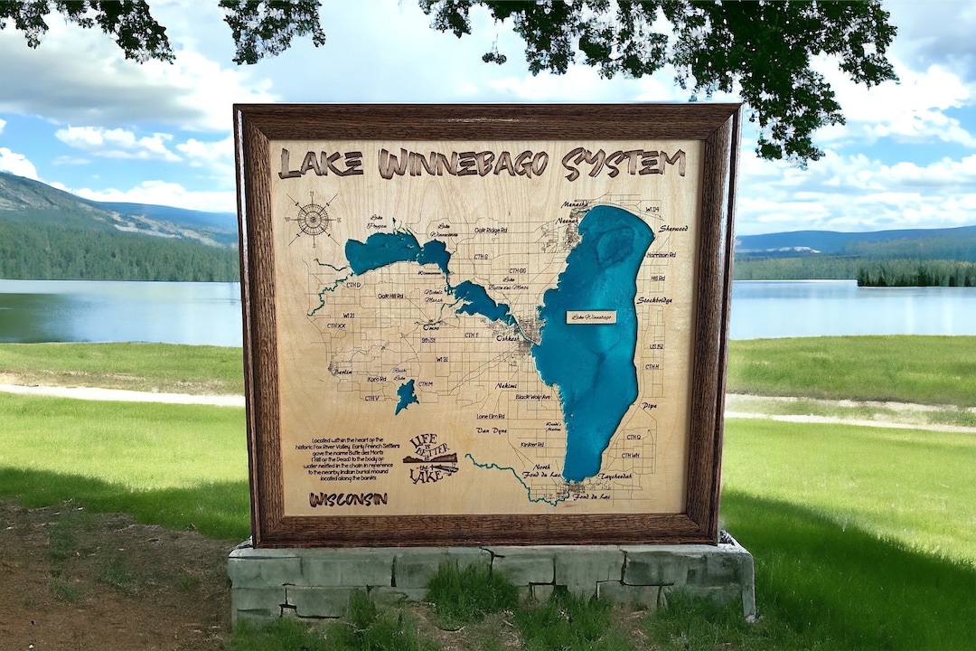 Lake Winnebago System, Wisconsin Wood Lake Map With Frame - Etsy