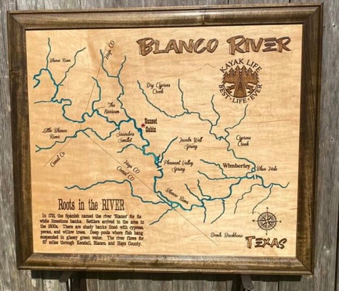 Blanco River Texas Wood Lake Map With Frame - Etsy