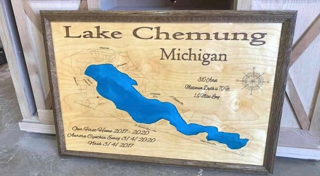 Lake Chemung, Michigan Wood Lake Map With Frame, Lake House Decor ...