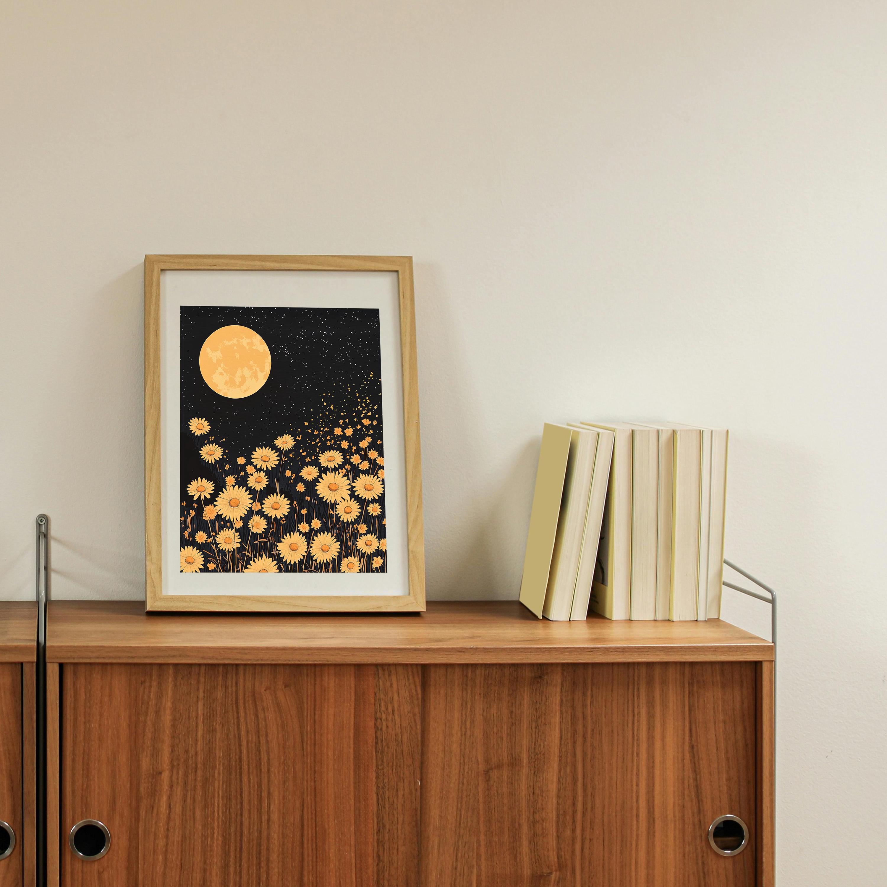 Golden Daisy Field Under Full Moon | Cottagecore Wall Art Print | Dark ...