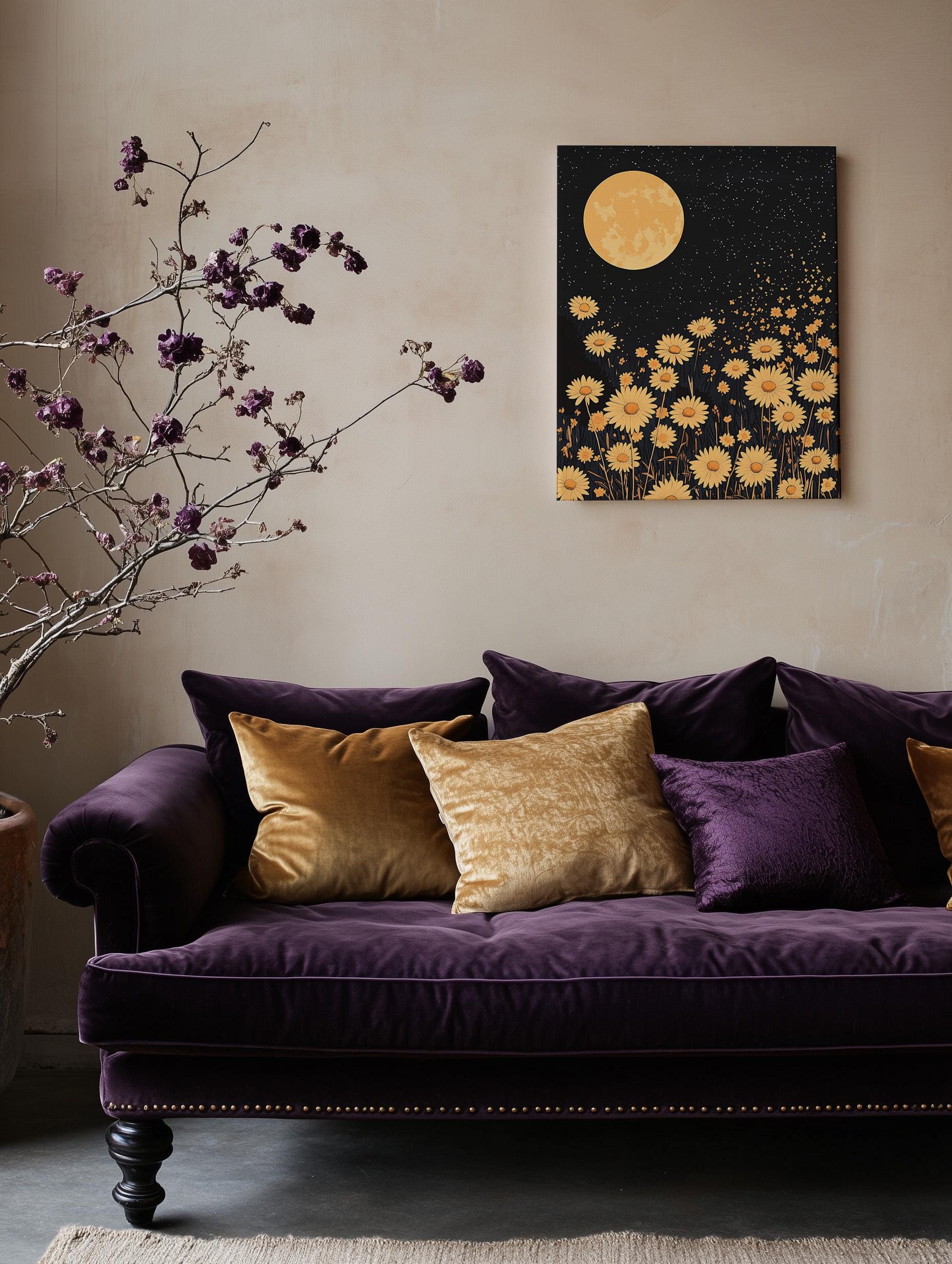 Golden Daisy Field Under Full Moon | Cottagecore Wall Art Print | Dark ...