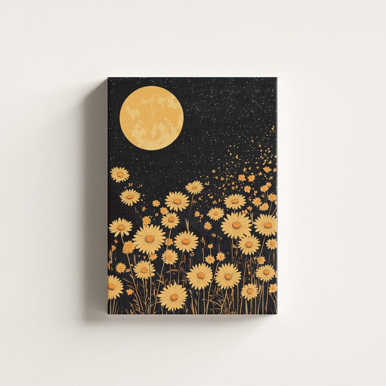 Golden Daisy Field Under Full Moon | Cottagecore Wall Art Print | Dark ...
