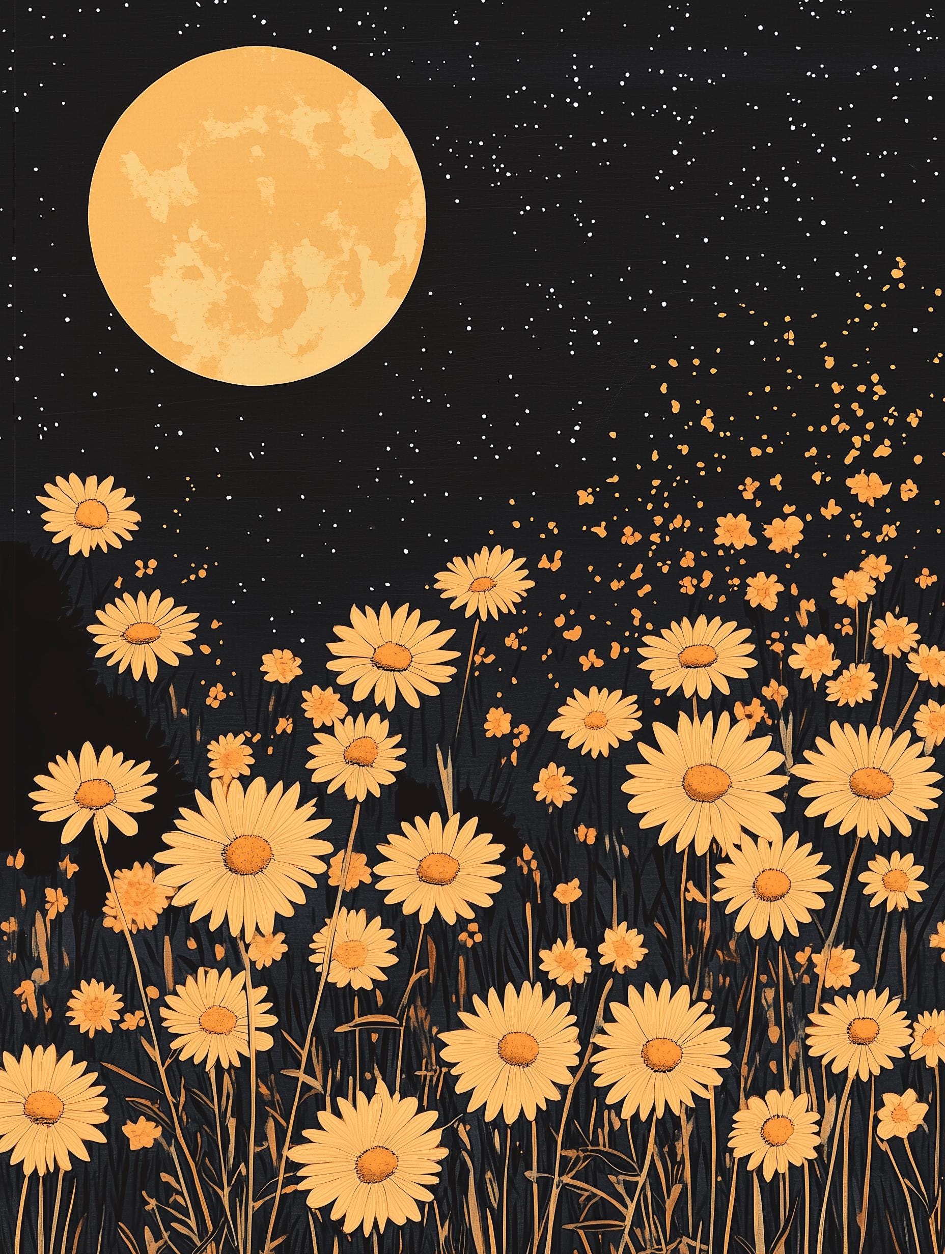 Golden Daisy Field Under Full Moon | Cottagecore Wall Art Print | Dark ...