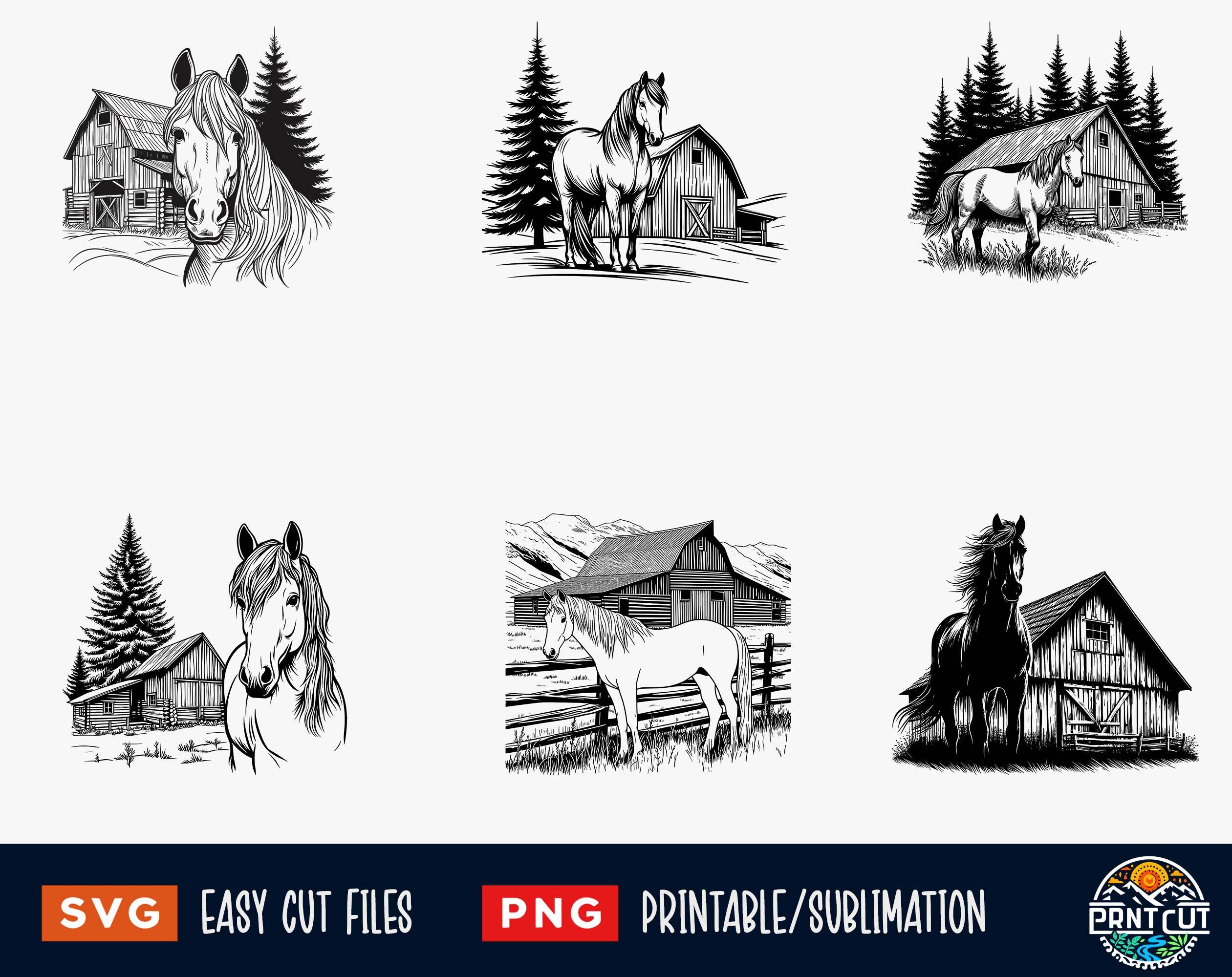 12 Horse Rustic Barn Farm Bundle, Barn Svg, Horse Farm Svg, Rustic Barn ...