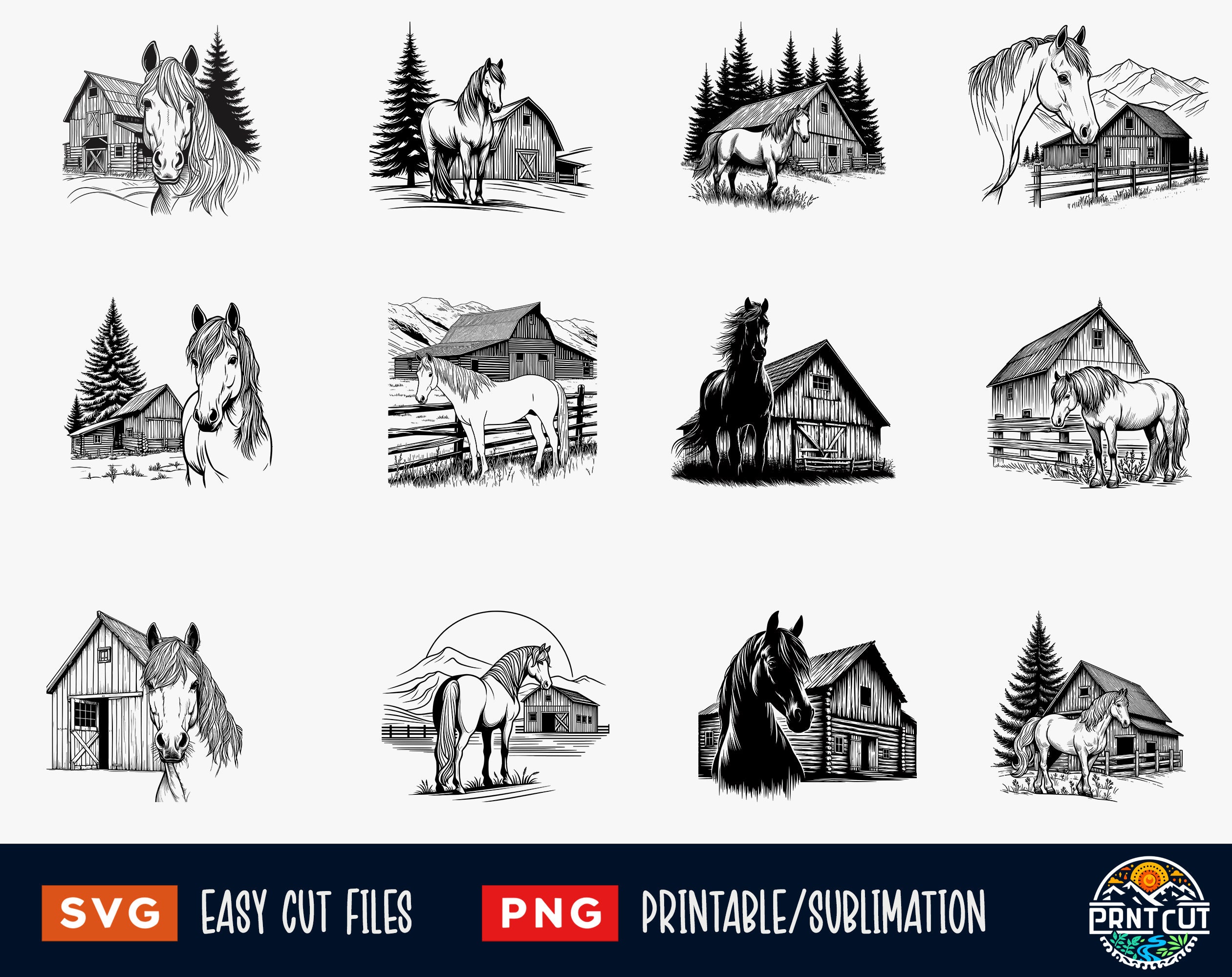 12 Horse Rustic Barn Farm Bundle, Barn Svg, Horse Farm Svg, Rustic Barn Horse Svg, Barn House ...