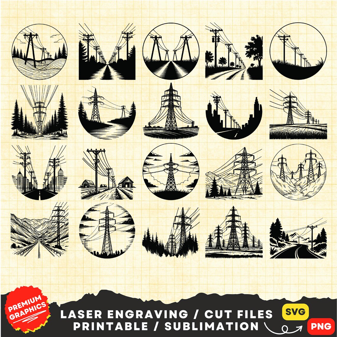 20 Urban Power Lines Svg, Utility Pole Svg, Electric Transmission ...