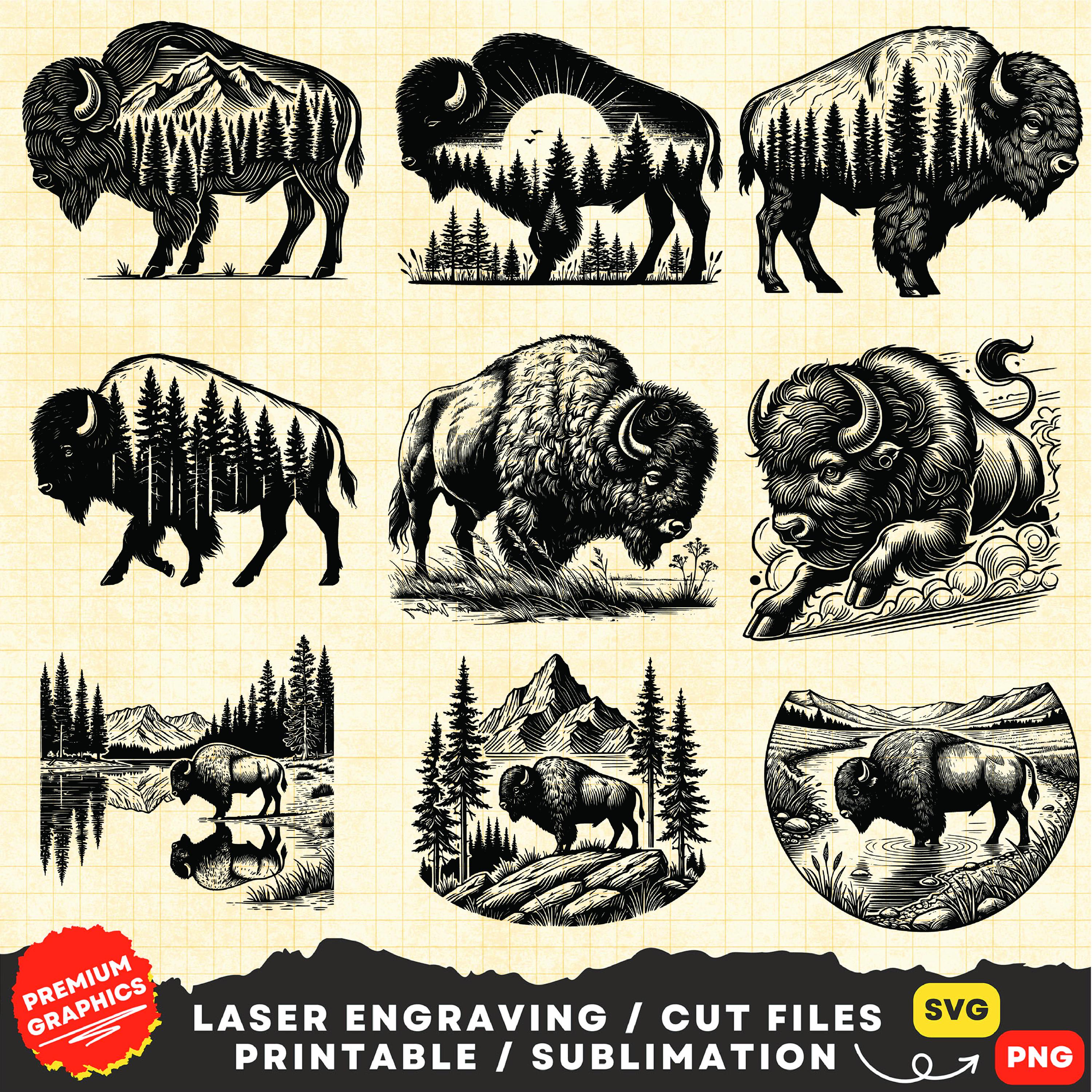 Bison SVG Bundle, Bison Svg, Bison Mountain Svg, Bison Scene Svg, Bison ...