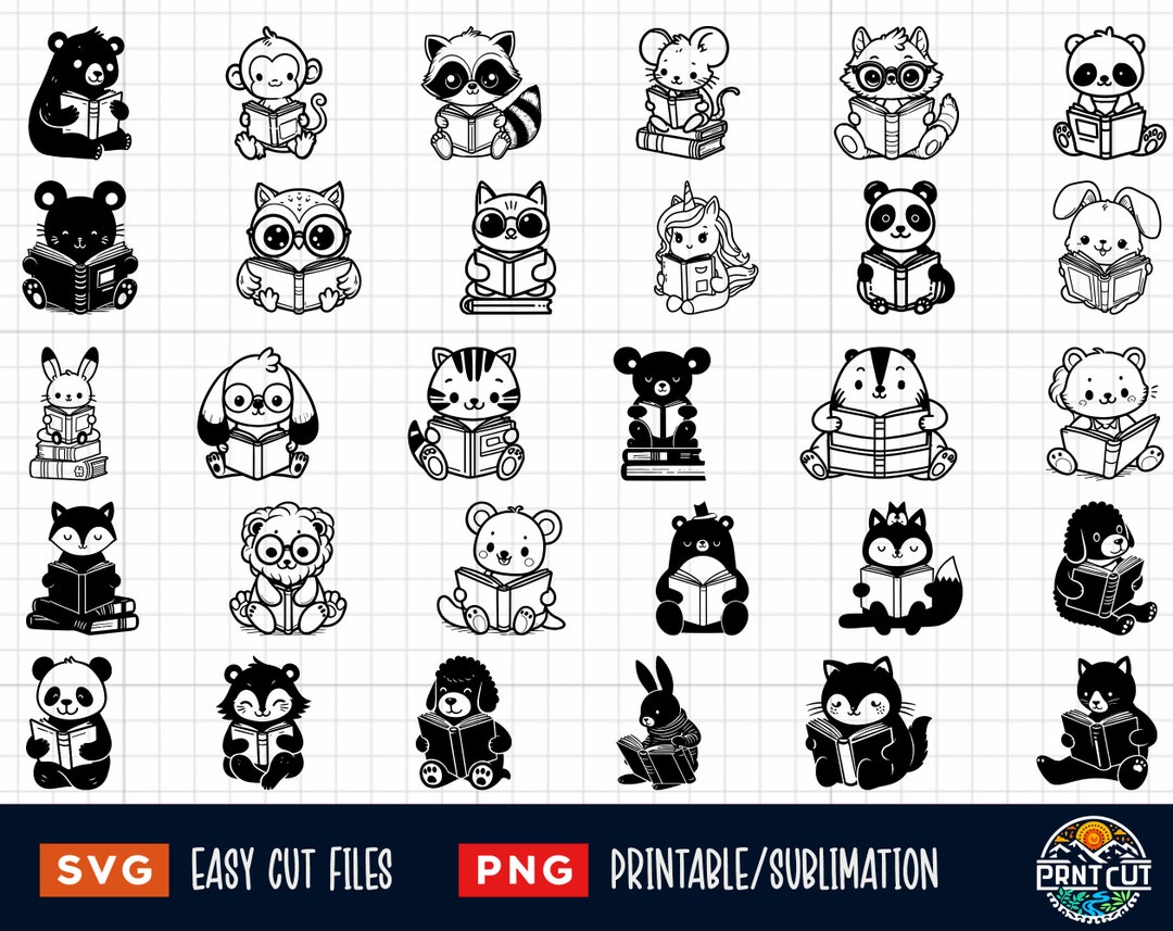 Cute Animal Reading Books Svg, Animal Book Svg, Animal Book Png, Animal ...