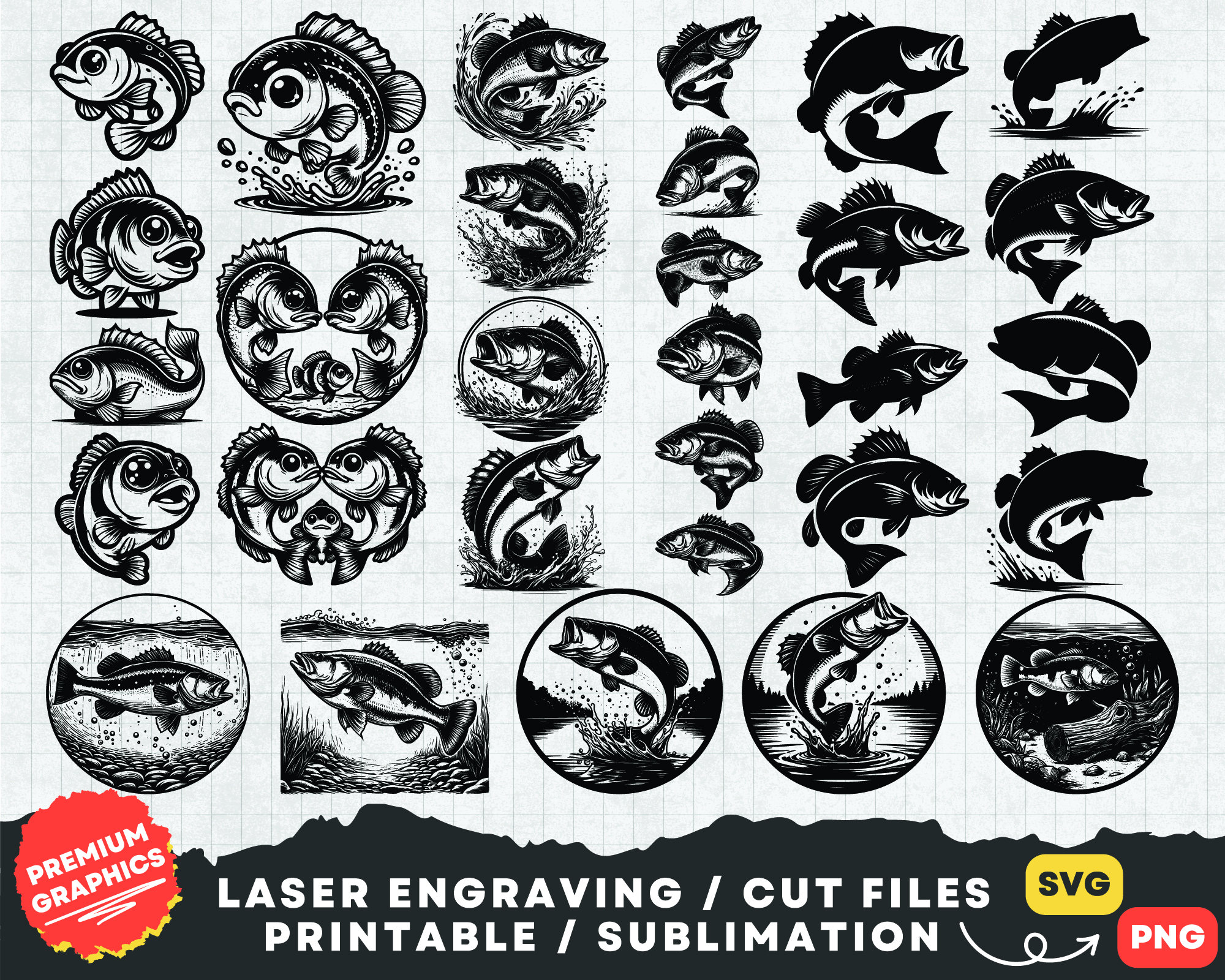 30 Bass Svg Bundle, Bass Fish Svg, Bass Fishing Svg, Clipart Bass Png ...
