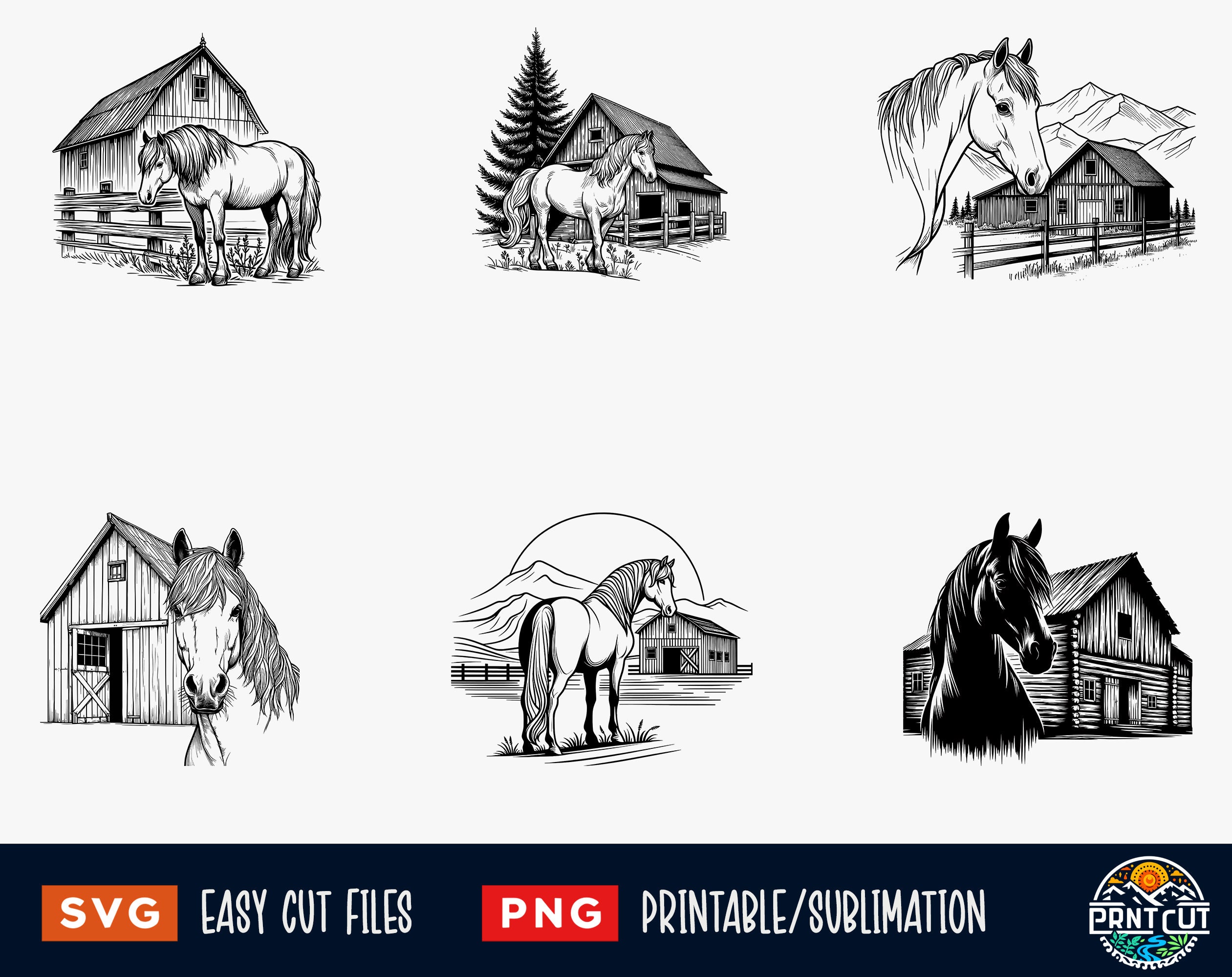 12 Horse Rustic Barn Farm Bundle, Barn Svg, Horse Farm Svg, Rustic Barn ...
