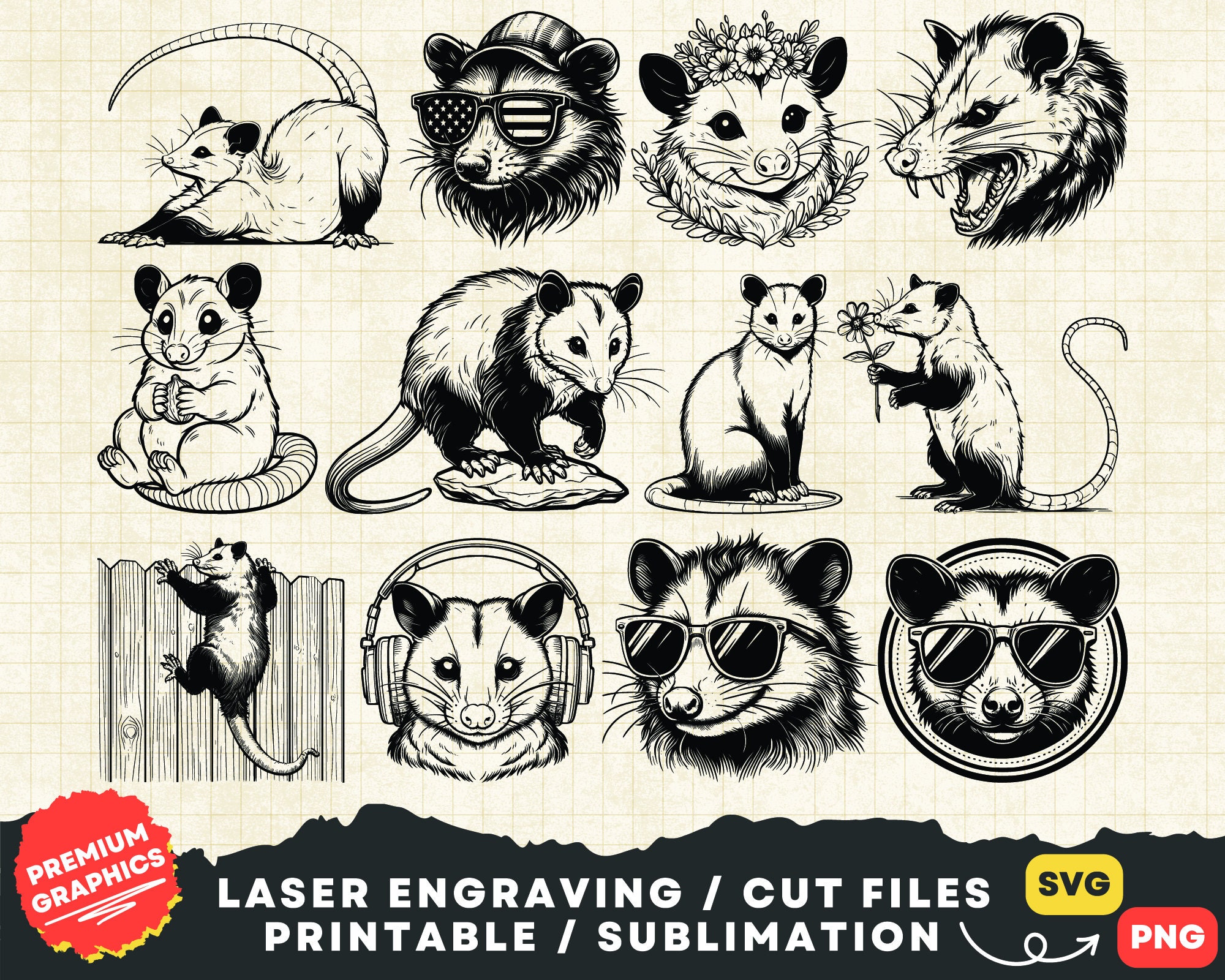 Possum Svg Bundle, Opossum Svg, Clipart Opossum Png Print, Opossum Head ...