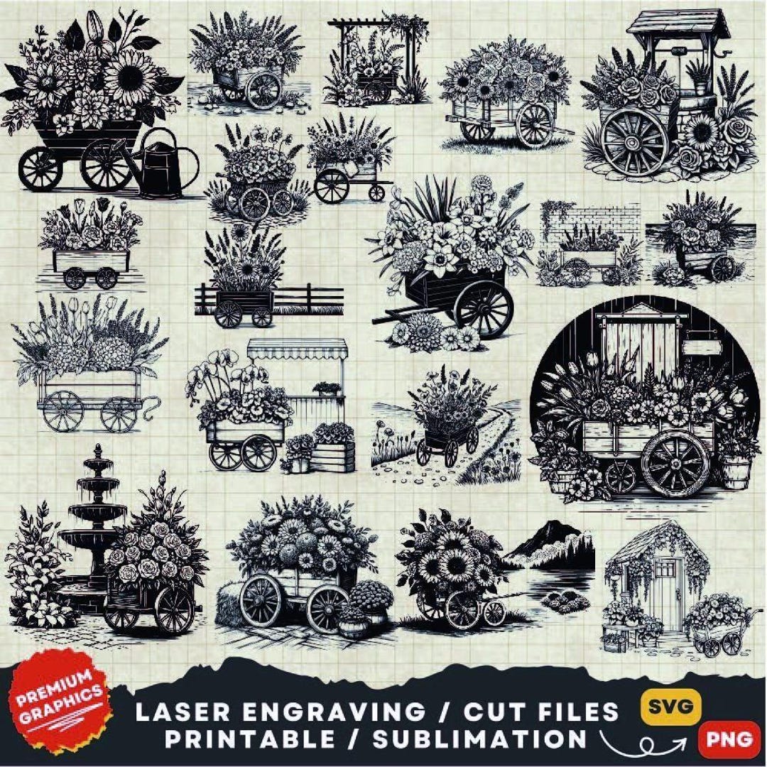 20 Flower Cart Svg, Wildflower Cart Svg, Laser Cut Flower Cart, Flower ...
