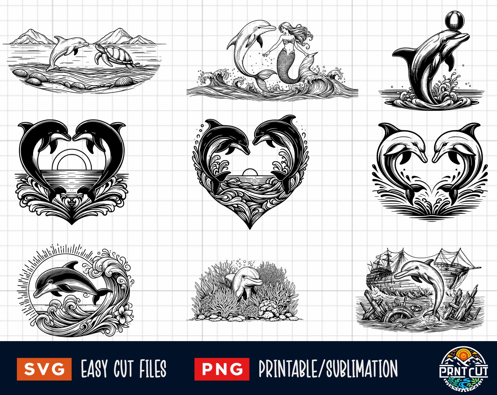 25 Dolphin SVG PNG, Dolphin Scene Svg, Dolphin Heart Svg, Ocean Scene ...