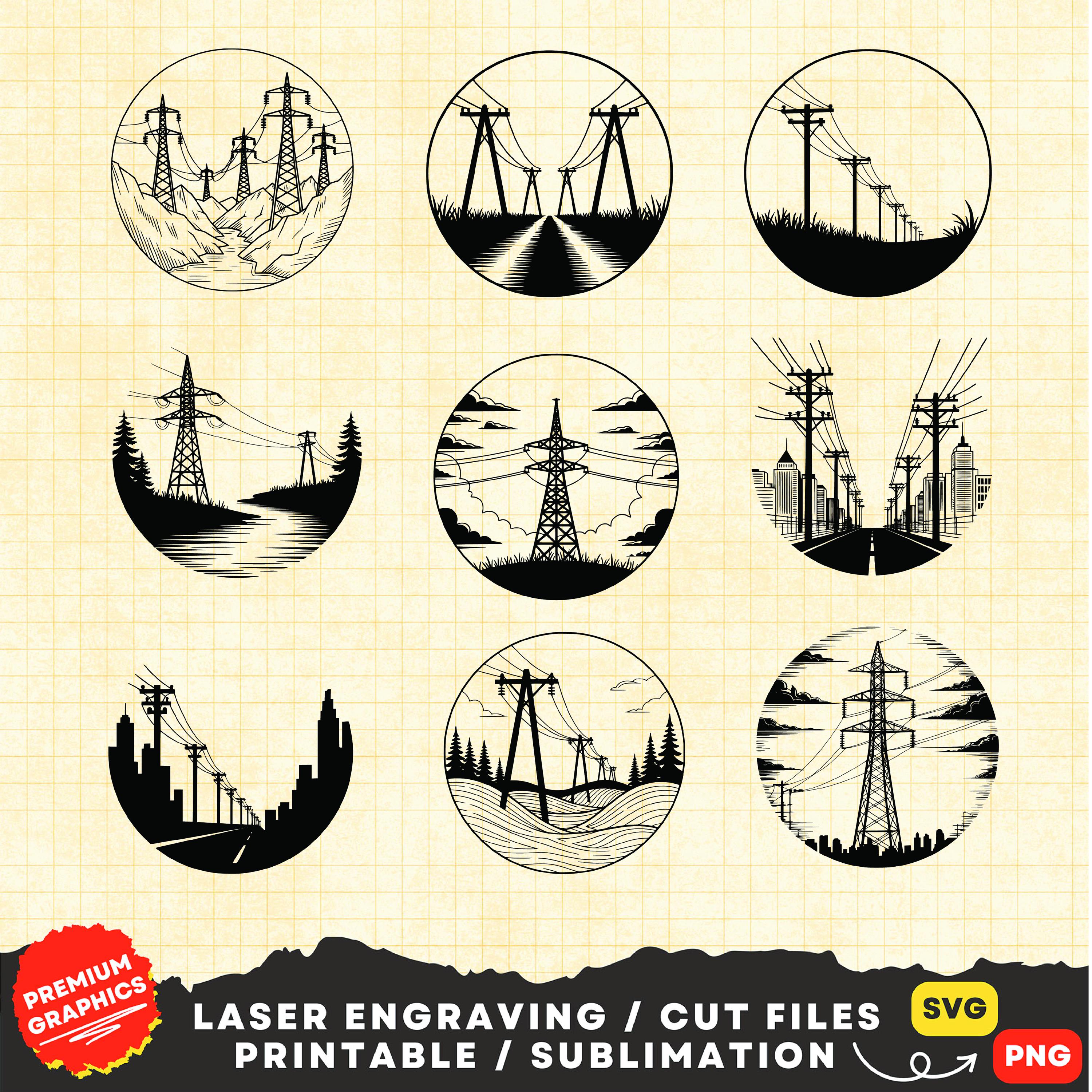20 Urban Power Lines Svg, Utility Pole Svg, Electric Transmission ...