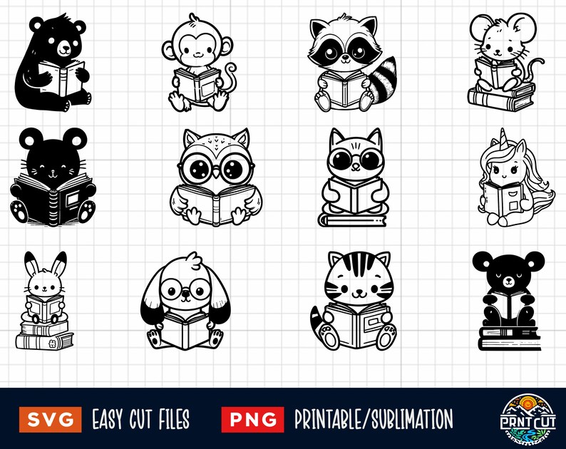 Cute Animal Reading Books Svg, Animal Book Svg, Animal Book Png, Animal ...