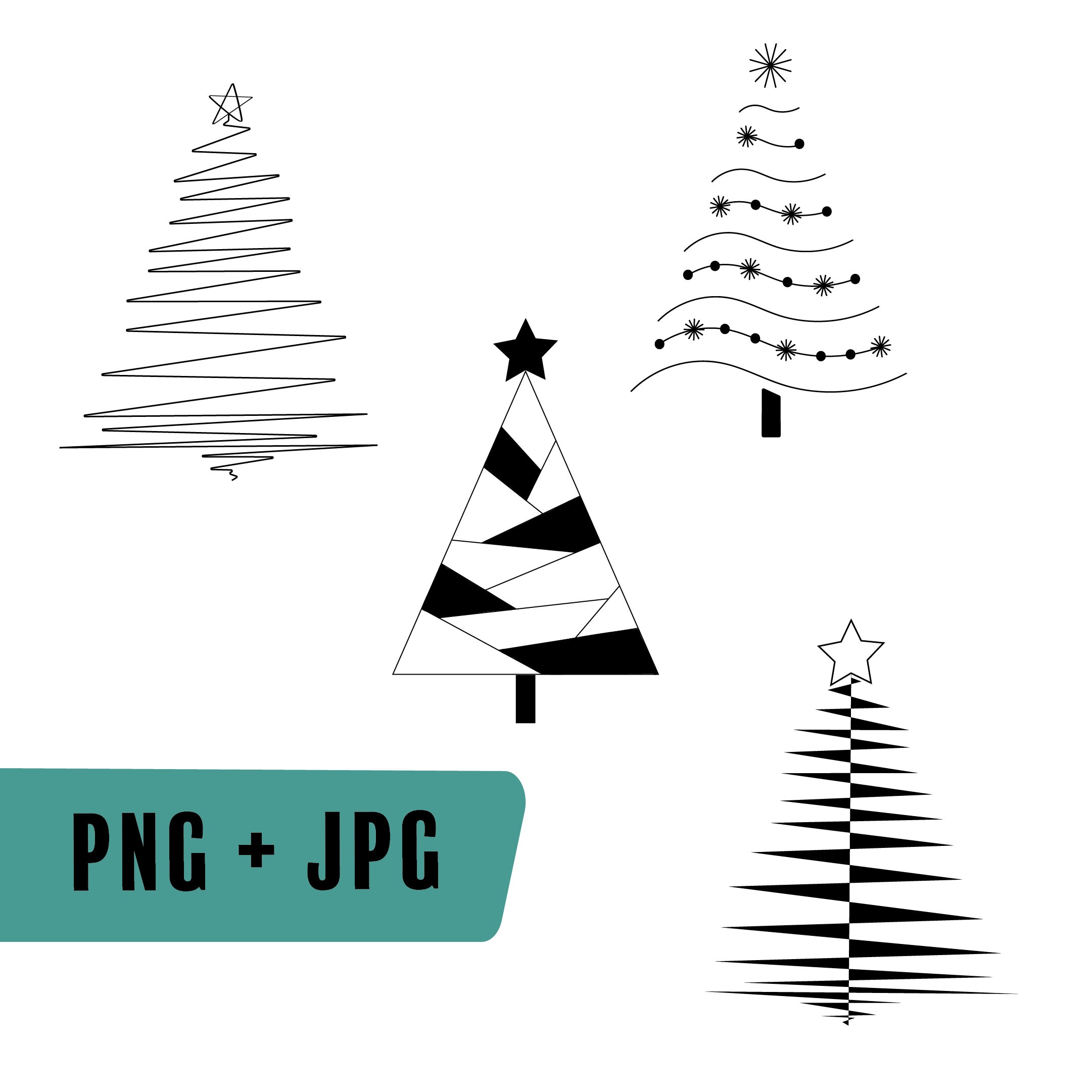 Christmas Tree Clip Art PNG and JPG Black and White - Etsy