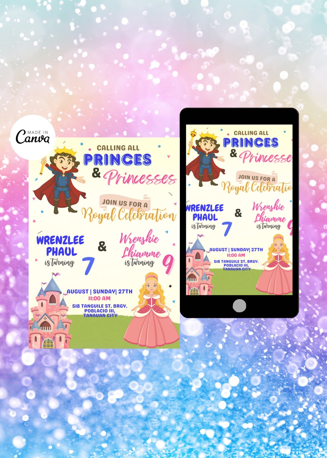 Prince and Princess Birthday Invitation | Editable Prince and Princess ...
