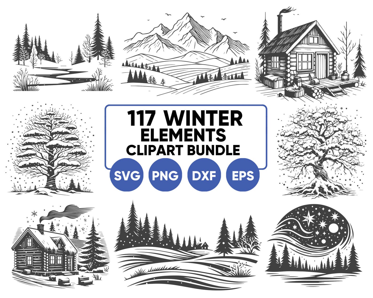 117 Winter Elements Clipart Bundle Svg Png Eps Dxf, Snowy Mountains ...