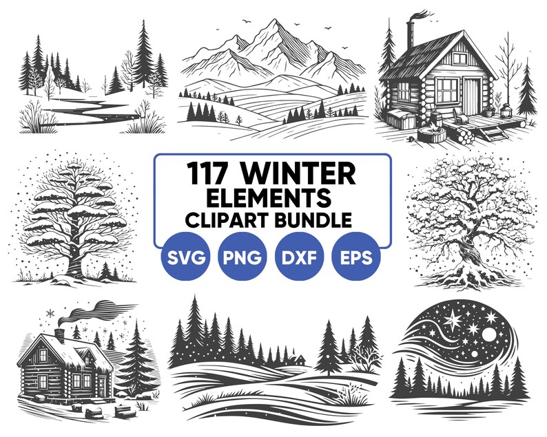 117 Winter Elements Clipart Bundle Svg Png Eps Dxf, Snowy Mountains ...