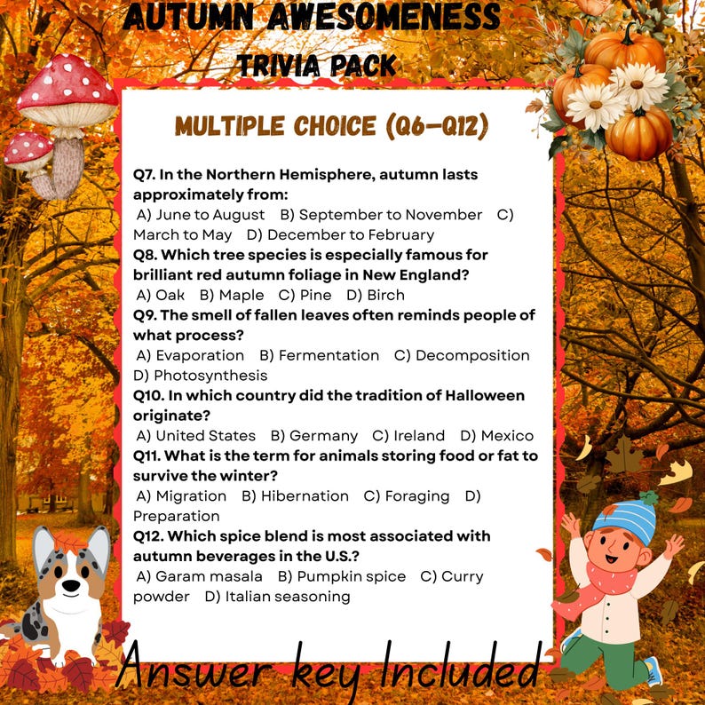 Autumn Trivia Quiz Printable — Fall Facts & Harvest Game , Instant ...