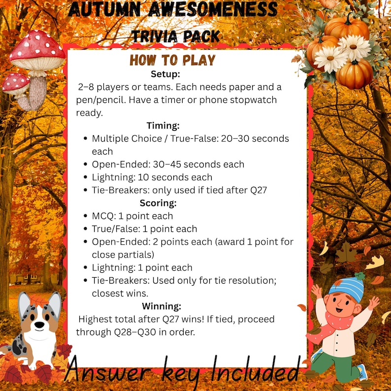 Autumn Trivia Quiz Printable — Fall Facts & Harvest Game , Instant ...