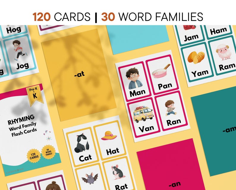 Phonics Rhyming Word Families Flashcards | 120 Printable Cards, 30 Word ...